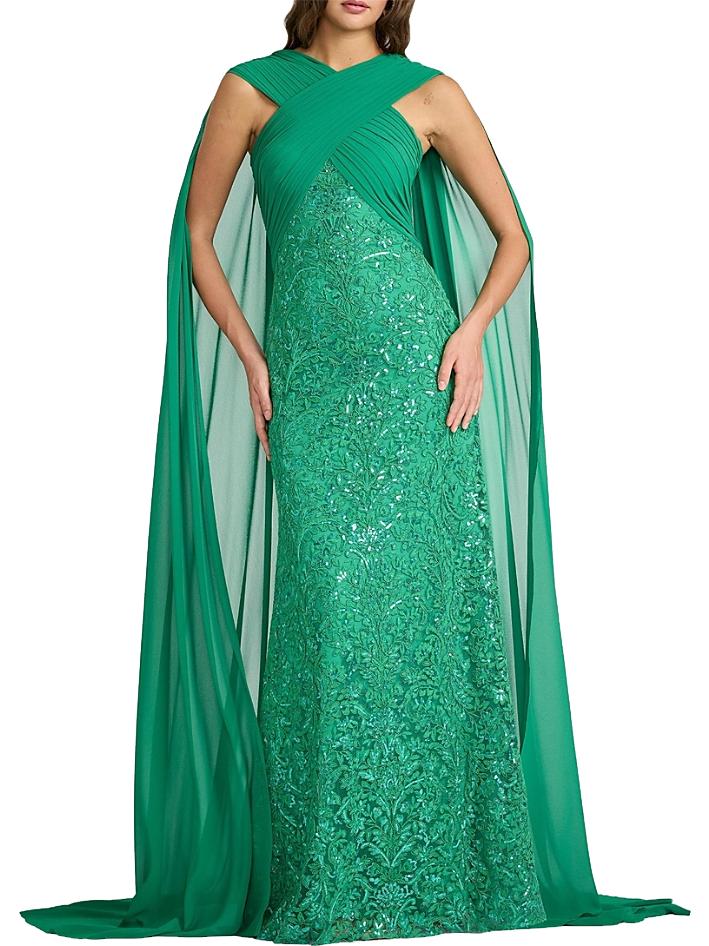 TADASHI SHOJI Tadashi Shoji Sequin Embroidered Cape Gown